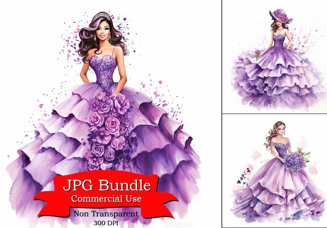 Cute Girl in Purple Lilac Quinceañera Dress Watercolor Clipart ...