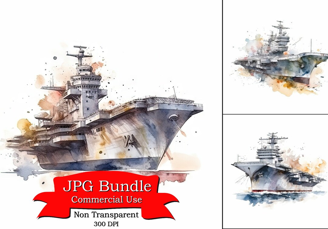 Watercolor Clipart Aircraft Carrier With Aircrafts Flying ,digital ...