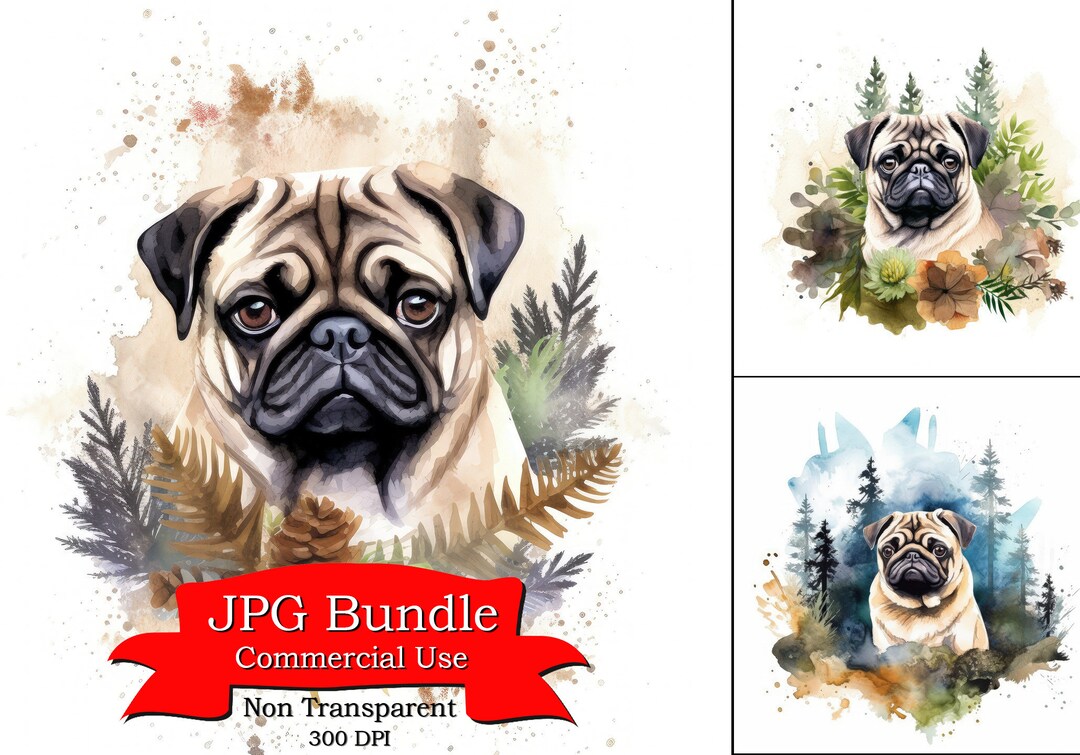 Cute Pug Dog Dense Forest Watercolor Clipart, Clip Art for Journals ...