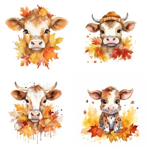 Cute Cow Fall Foliage Fall Season Watercolor Clipart, Wall Art for ...