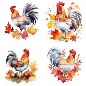 Cute Rooster Fall Foliage Watercolor Clipart, Design for Fun, Print for ...