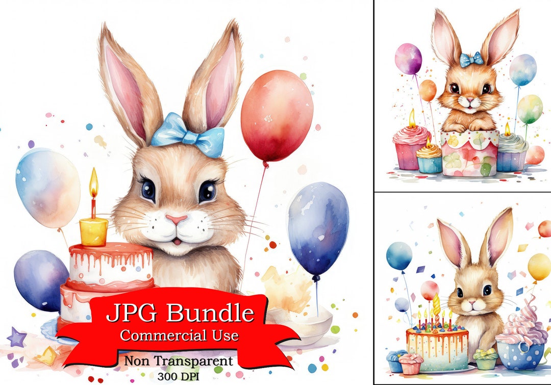 Rabbit Clipart, Birthday Clipart, Wearing a Birthday Hat, Blowing Out ...