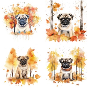 Pug Dog Autumn Trees Watercolor Clipart, Background for Wind Spinner ...