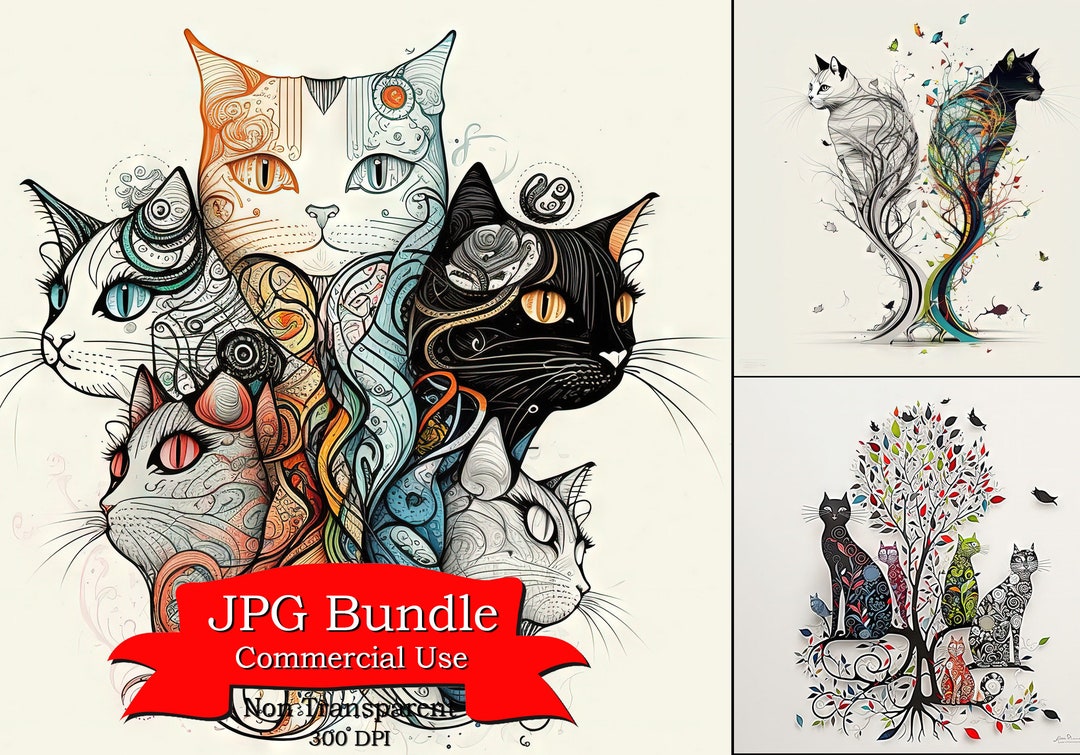 Cats Clipart With Pops of Color, Group of Colorful Cats Clipart ...