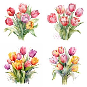Tulip Flower Bouquet Clipart, Watercolor Art, Digital Paper Crafting ...