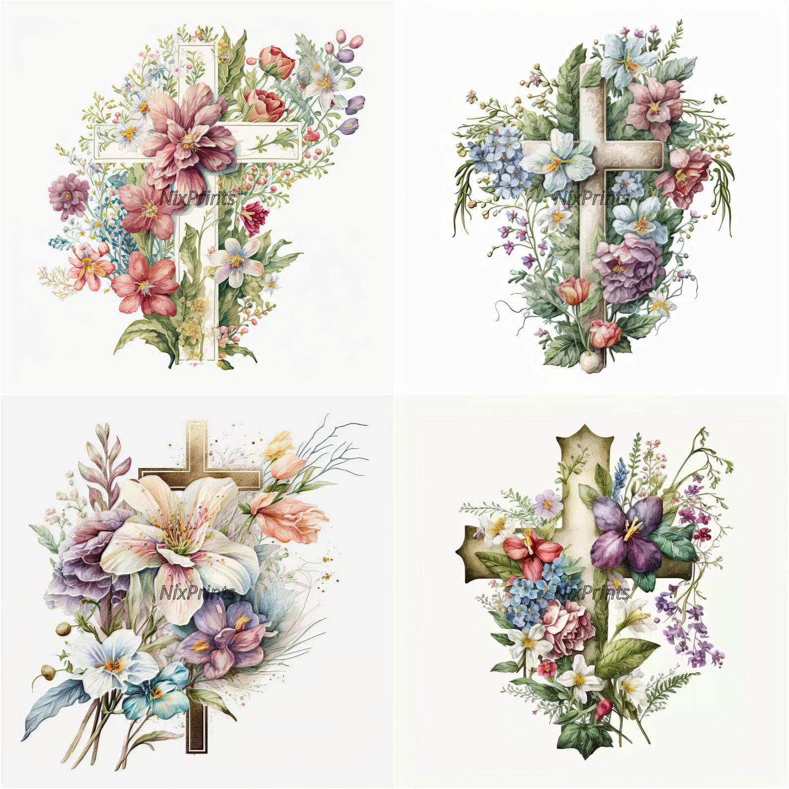 Floral Easter Cross Clipart: Beautiful Spring Flowers - Etsy