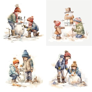 Watercolor Kids Building Snowman Clipart, Poster for Above the Bed ...