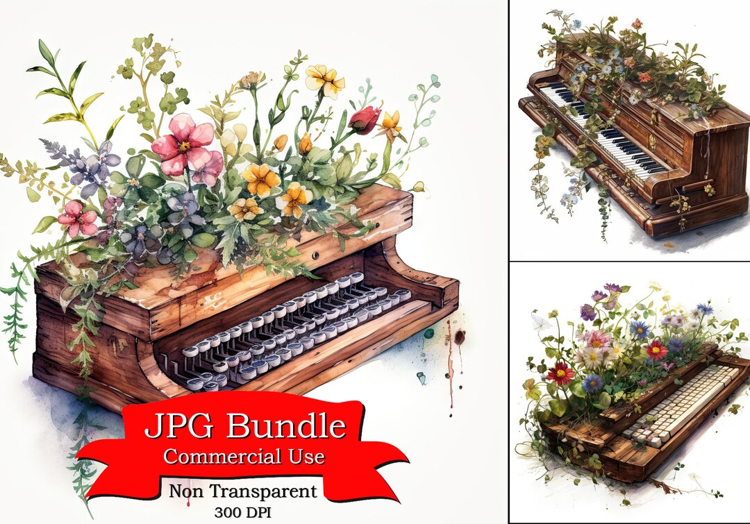 Vintage Wooden Keyboard With Wildflowers Digital Clipart in JPG Format ...