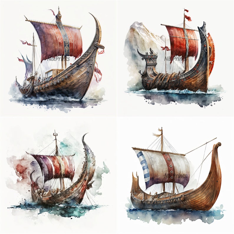 Viking Ship Watercolor Clipart Norse History Art Digital - Etsy