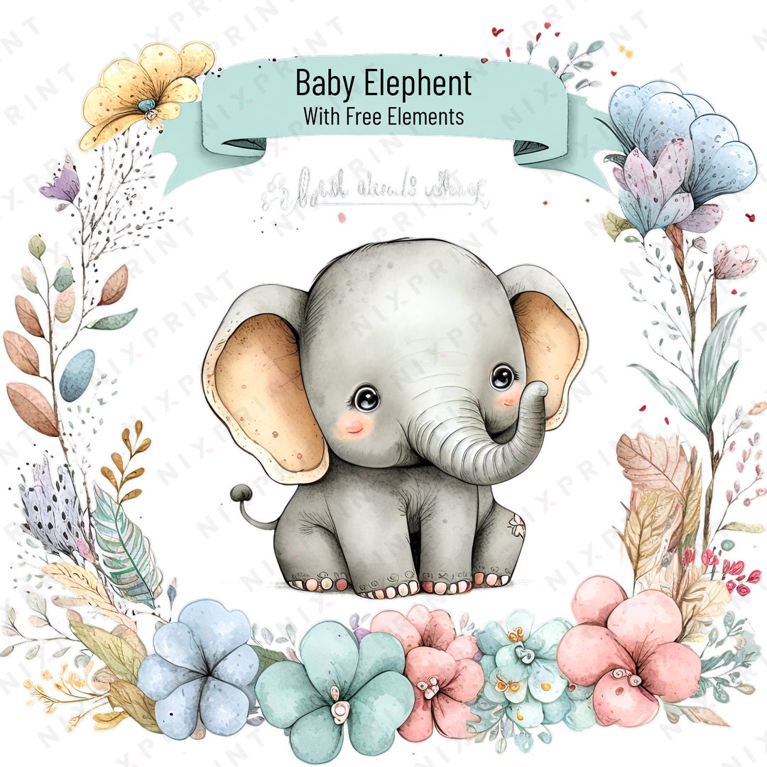 Elephant Clip Art Bundle Cute, Baby Elephants With Elements,watercolor ...