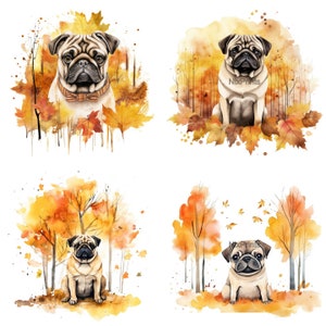 Pug Dog Autumn Trees Watercolor Clipart, Background for Wind Spinner ...