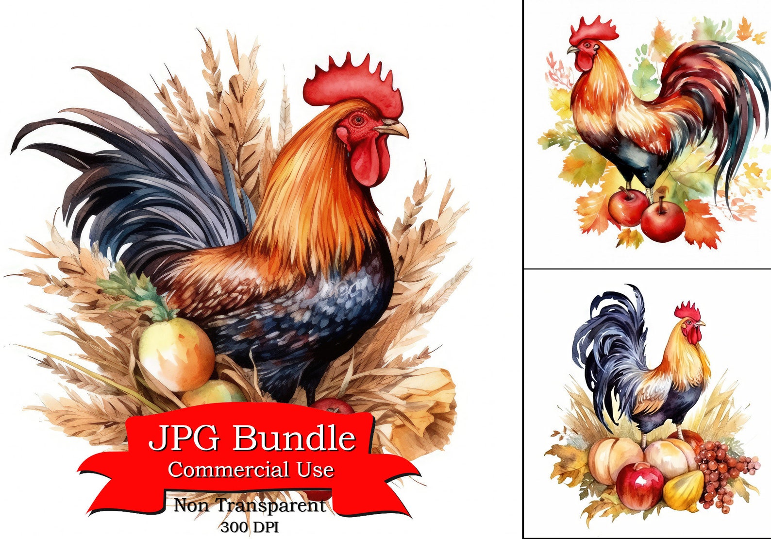 Cute Rooster Harvest Food Watercolor Clipart, Clipart for Kids, Clipart ...