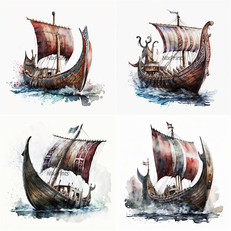 Viking Ship Watercolor Clipart Norse History Art Digital - Etsy