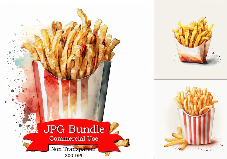 French Fries Clipart: Tasty Watercolor Fast Food Illustration - Etsy