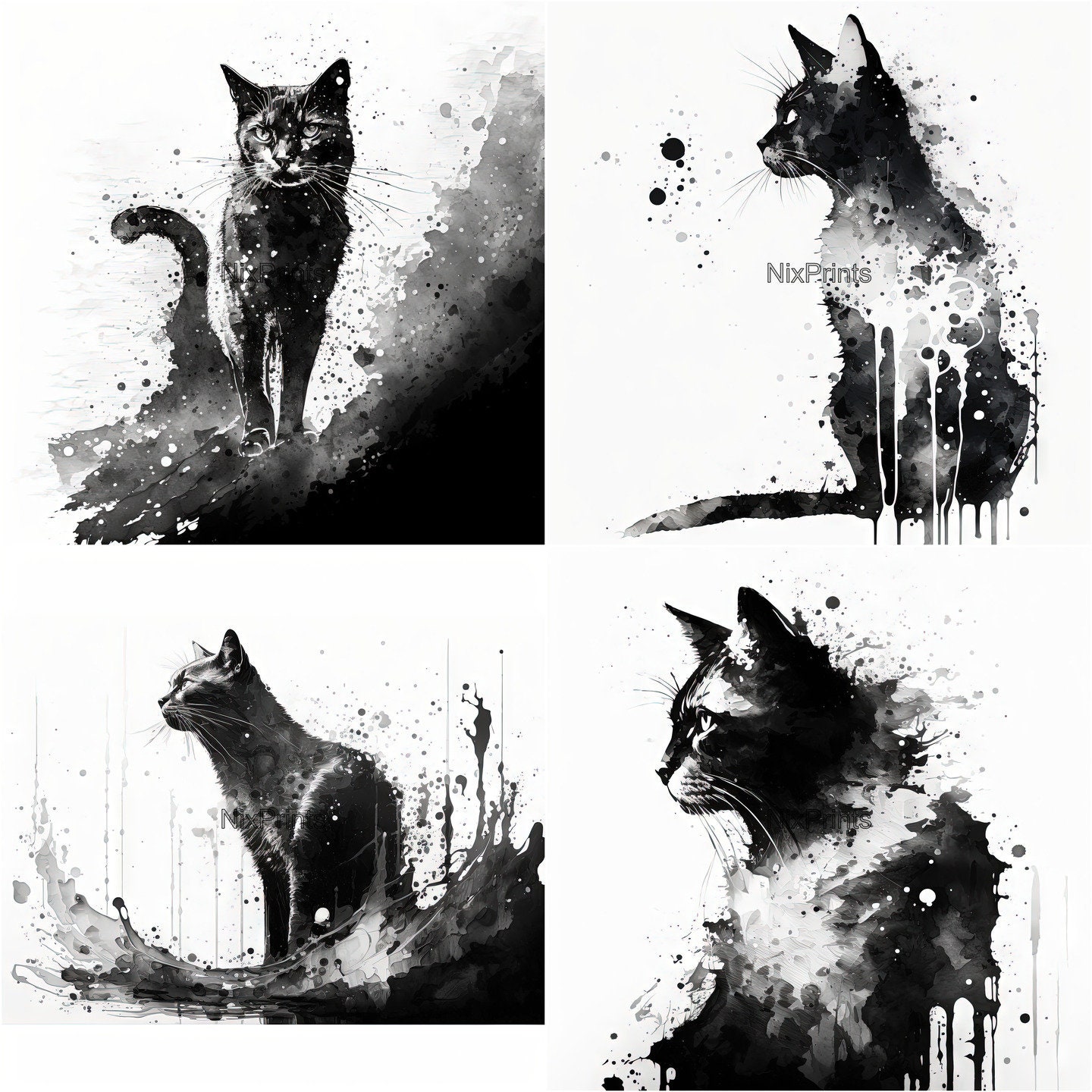 Cat Clipart Abstract Watercolor Resembling Cat 8K B&W No - Etsy