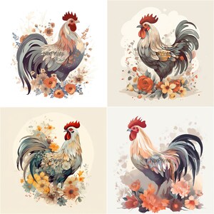 Rooster With Flowers Clipart,digital Paper Crafting, Digital Planner ...