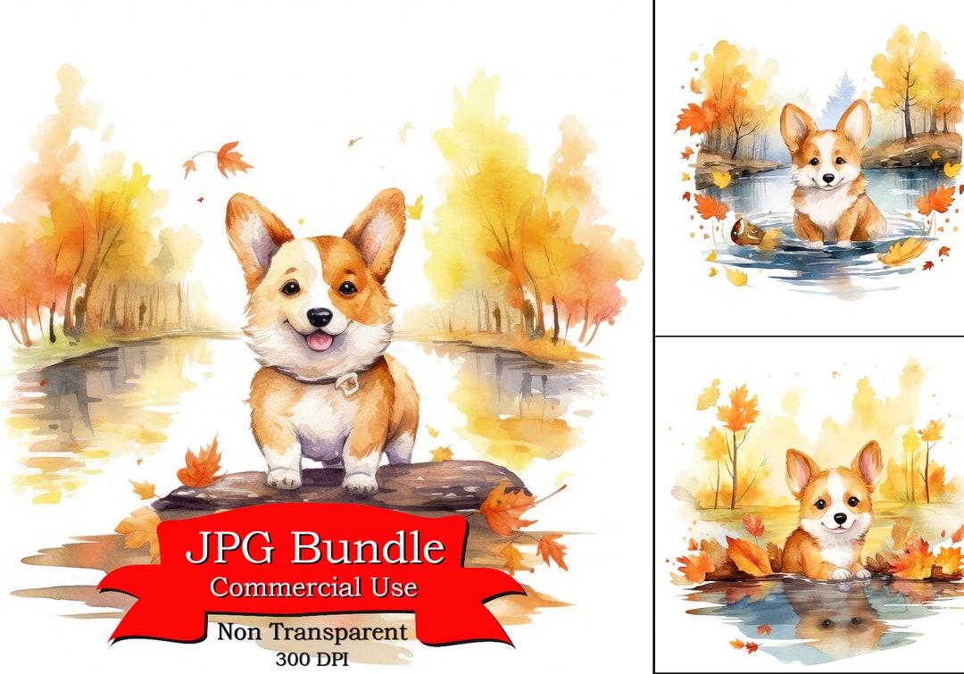 Cute Corgi Clipart Autumn River Fall Season Watercolor Clipart, Poster ...