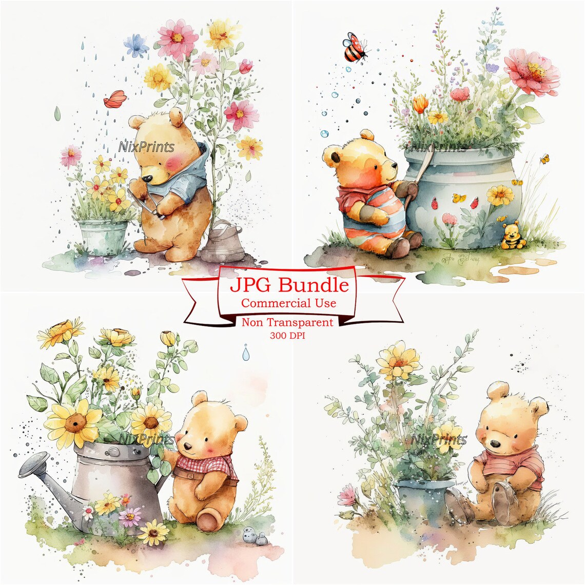 Pooh Clipart Spring Flowers and Gardening Theme Digital Image - Etsy Canada