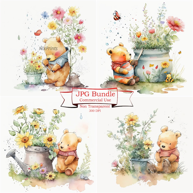 Pooh Clipart Spring Flowers and Gardening Theme Digital Image - Etsy Canada