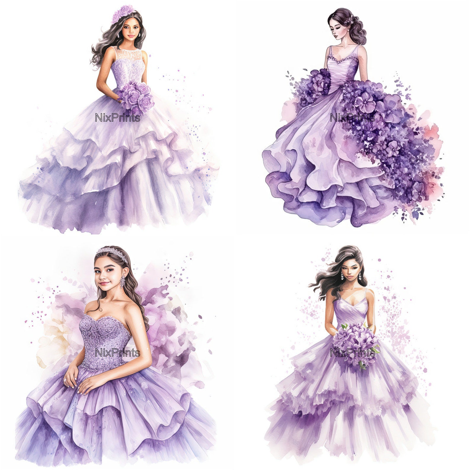 Cute Girl in Purple Lilac Quinceañera Dress Watercolor Clipart ...