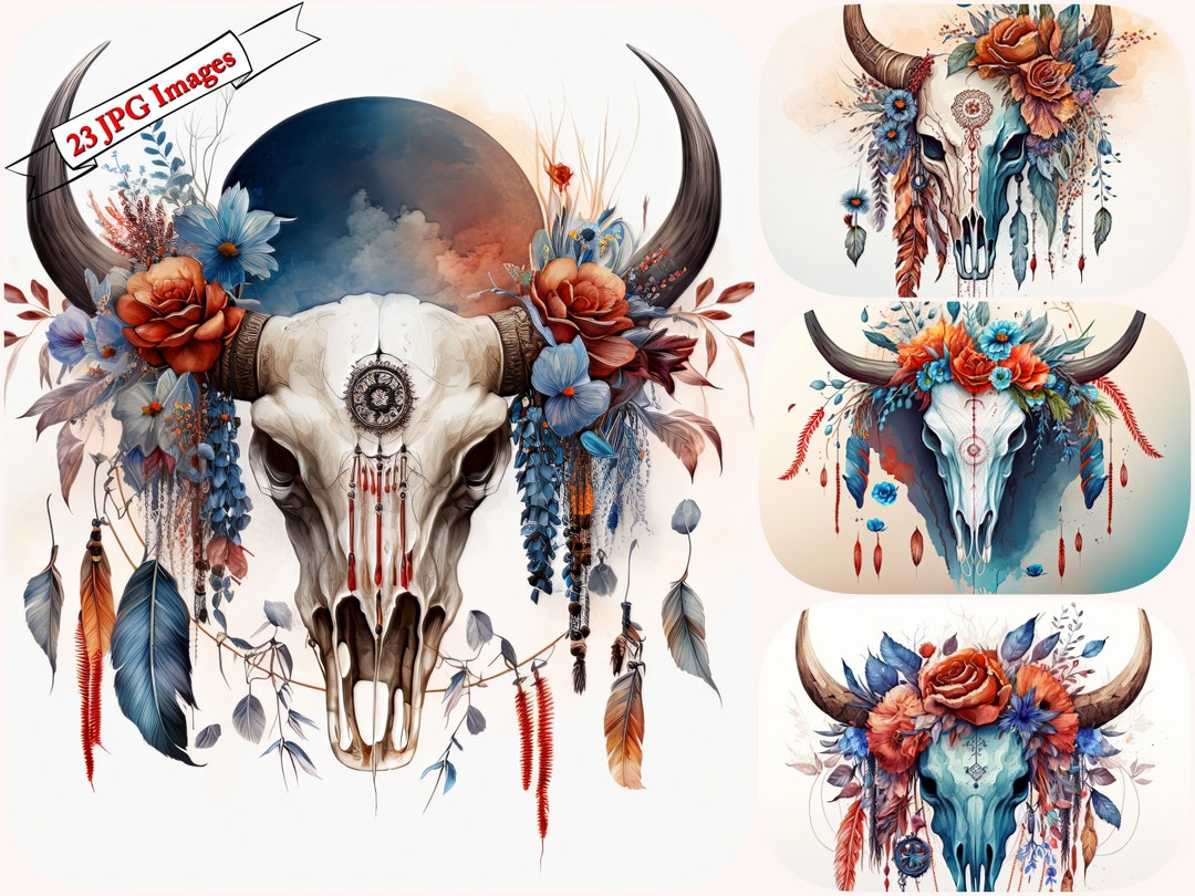 Longhorn Bull Skull ,watercolor Clipart of Native American Stylized ...
