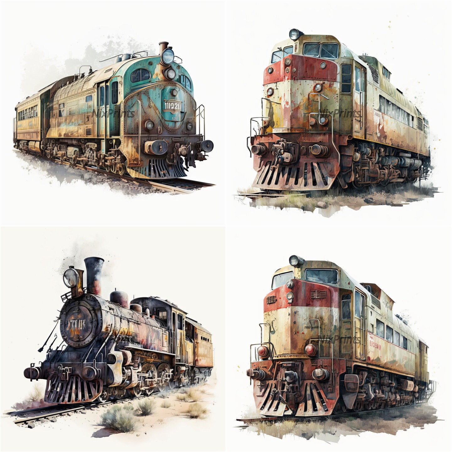 Vintage Train Watercolor Clipart Antique Locomotive - Etsy