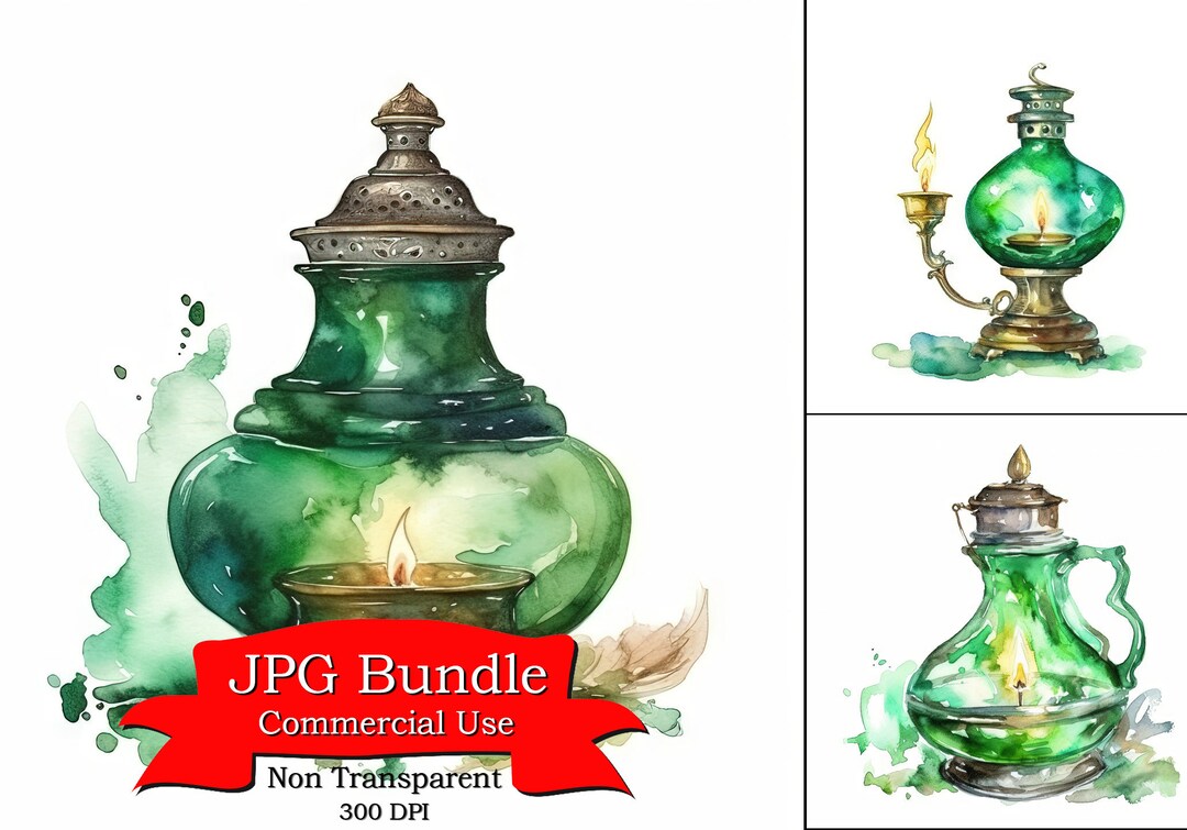 Watercolor Green Magical Oil Lamp Clipart White Background, Digital ...