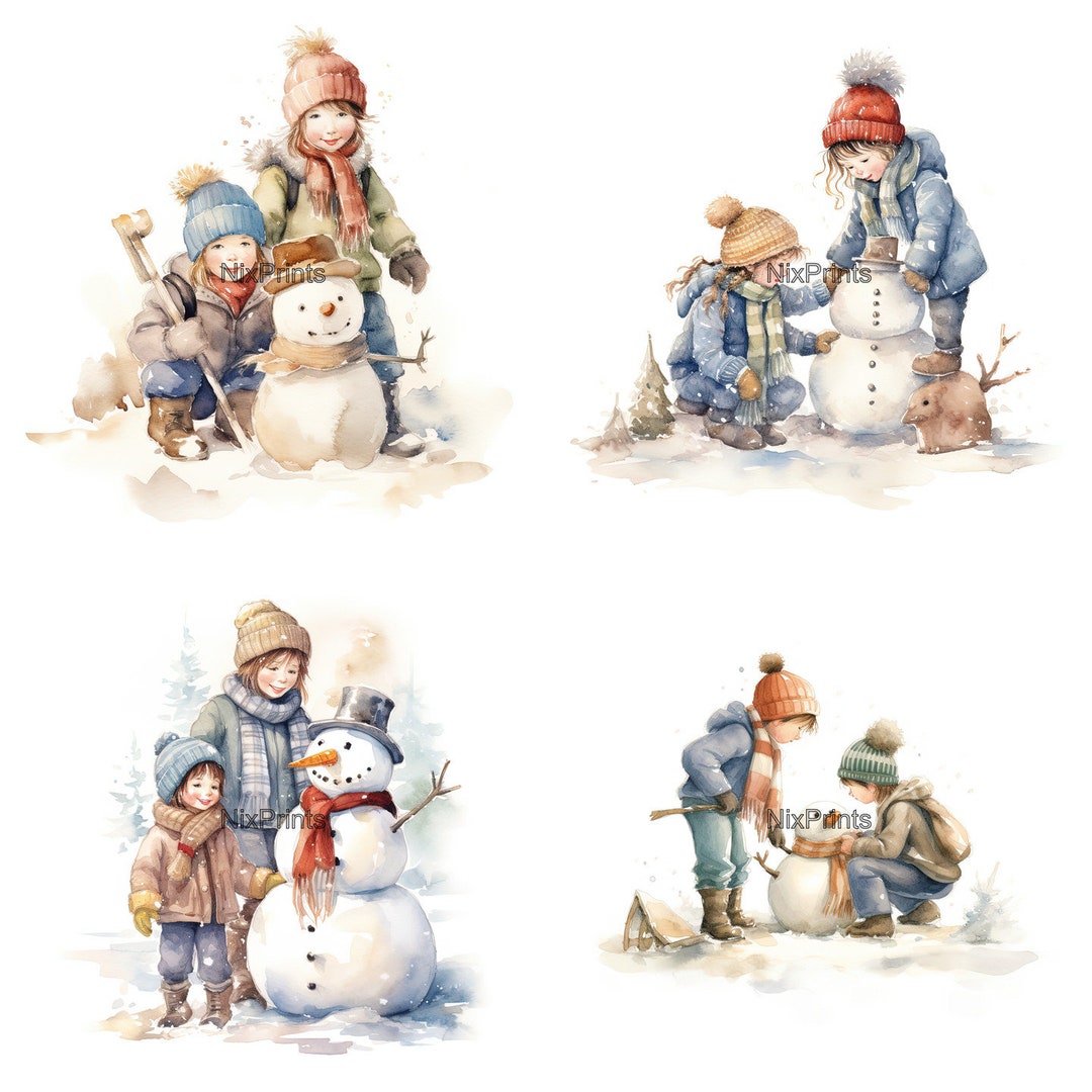 Watercolor Kids Building Snowman Clipart, Poster for Above the Bed ...