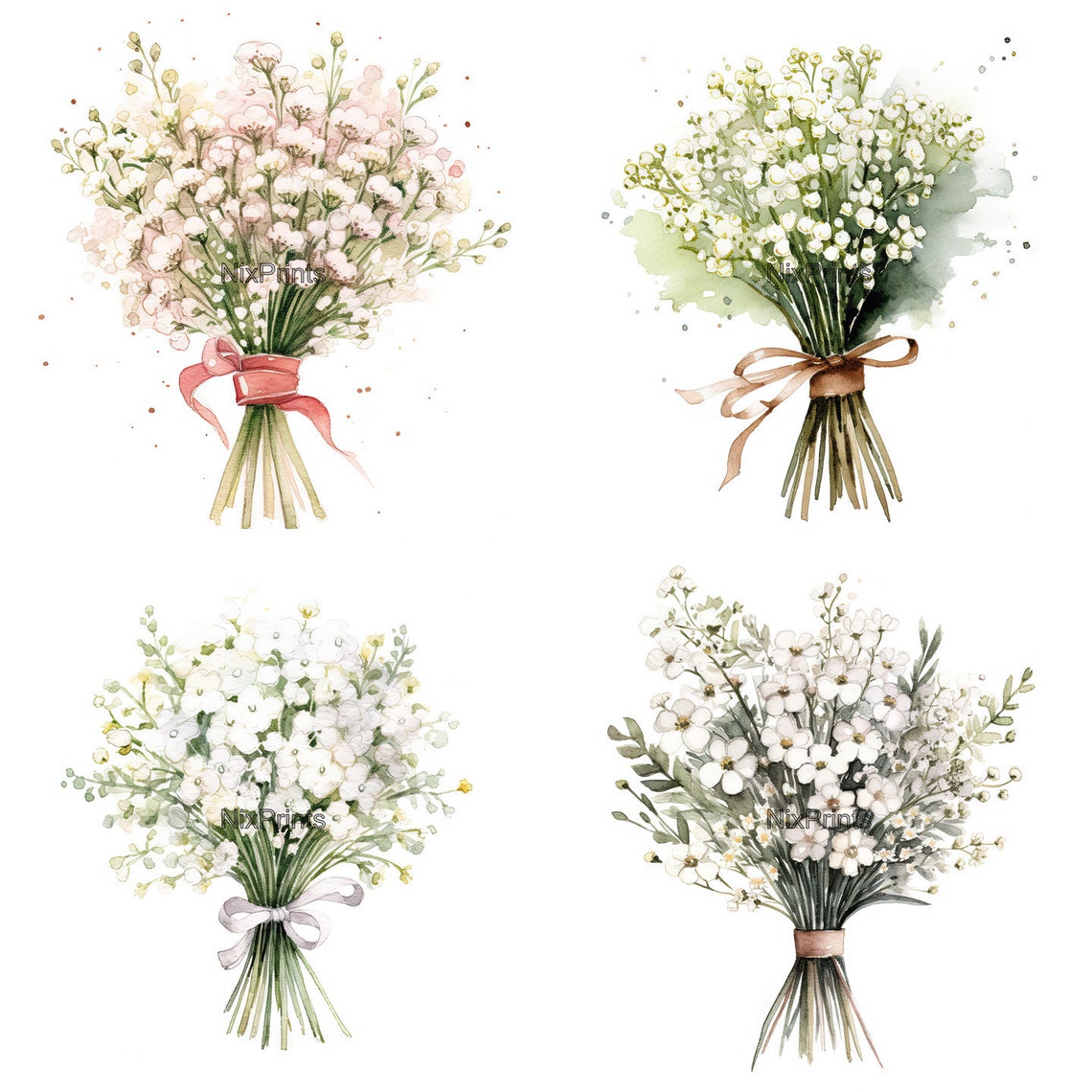 Babys Breath Flower Bouquet Clipart Watercolor Art Digital - Etsy