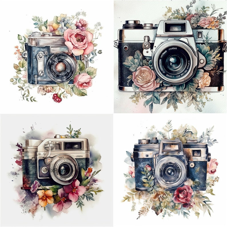 Vintage Floral Watercolor Camera Digital Clipart Digital Paper Crafting ...