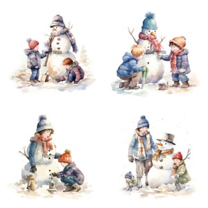 Watercolor Kids Building Snowman Clipart, Poster for Above the Bed ...