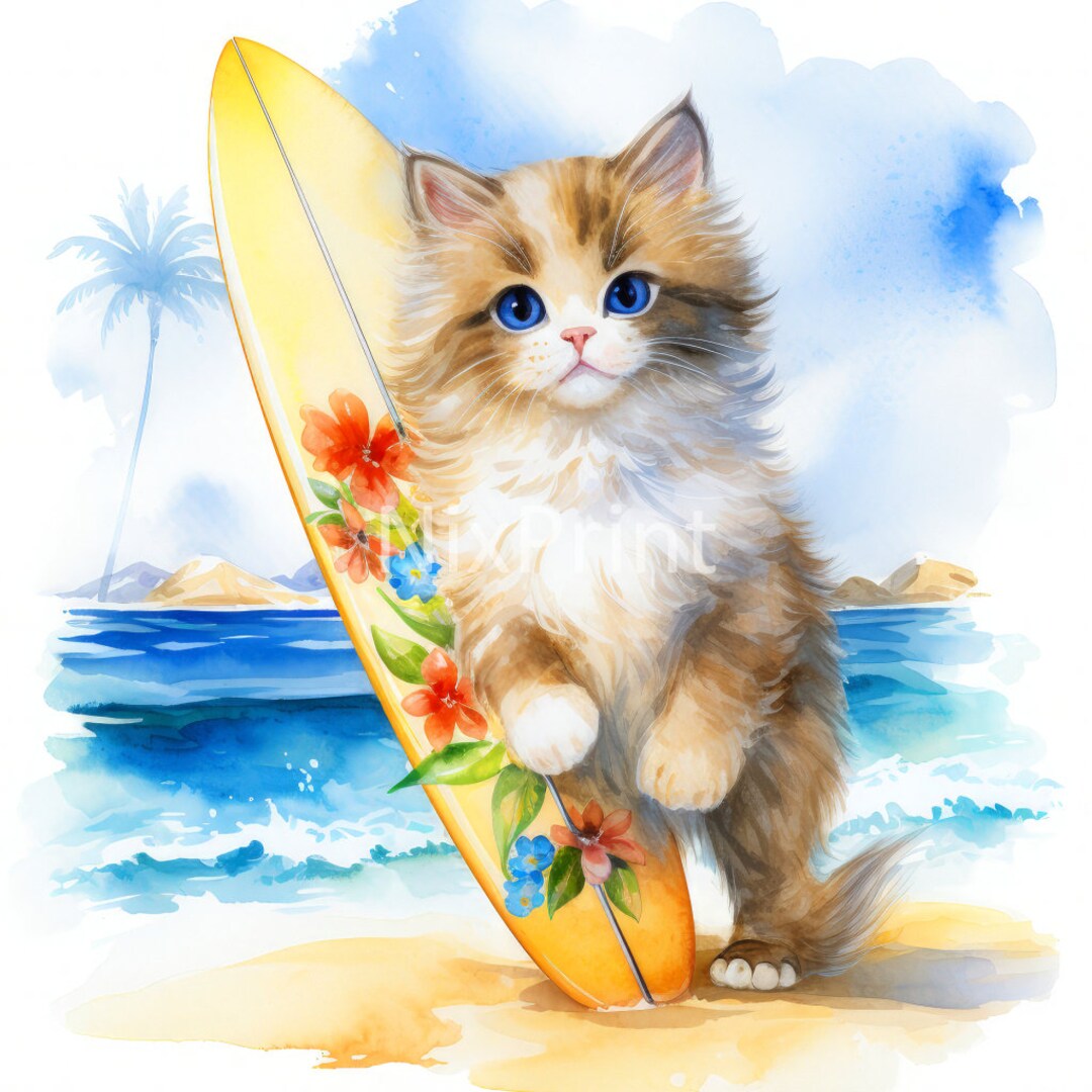 Ragdoll Clipart, Cat Clipart, Lifeguard Clipart, Holding a Surfboard ...