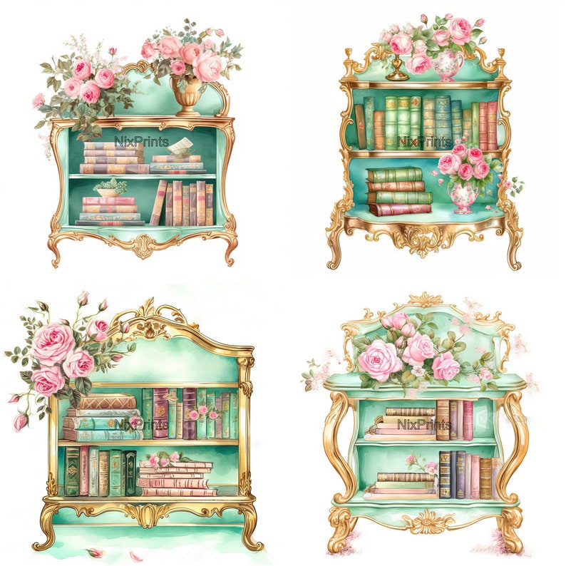 Bookcase Clipart, Mint Color Books on a Small Gold Bookcase With Pink ...