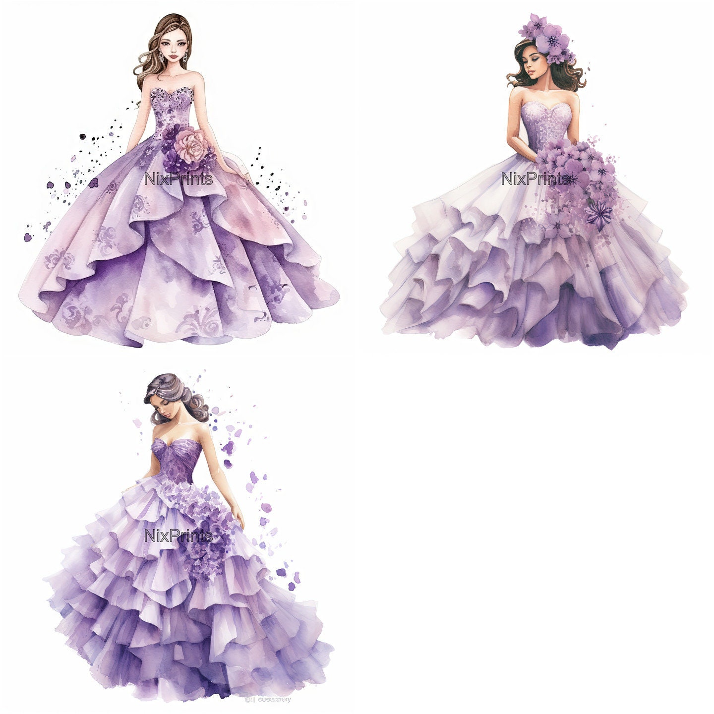 Cute Girl in Purple Lilac Quinceañera Dress Watercolor Clipart ...