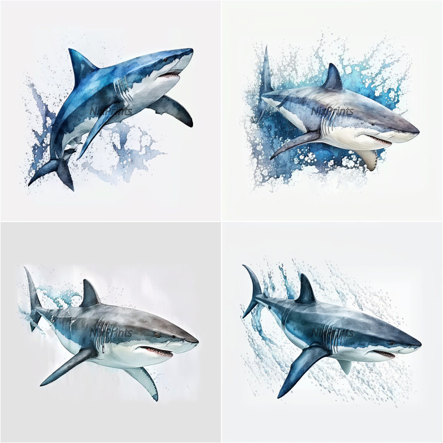 Shark Cartoon Watercolor Clipart Cute Ocean Animal Art - Etsy