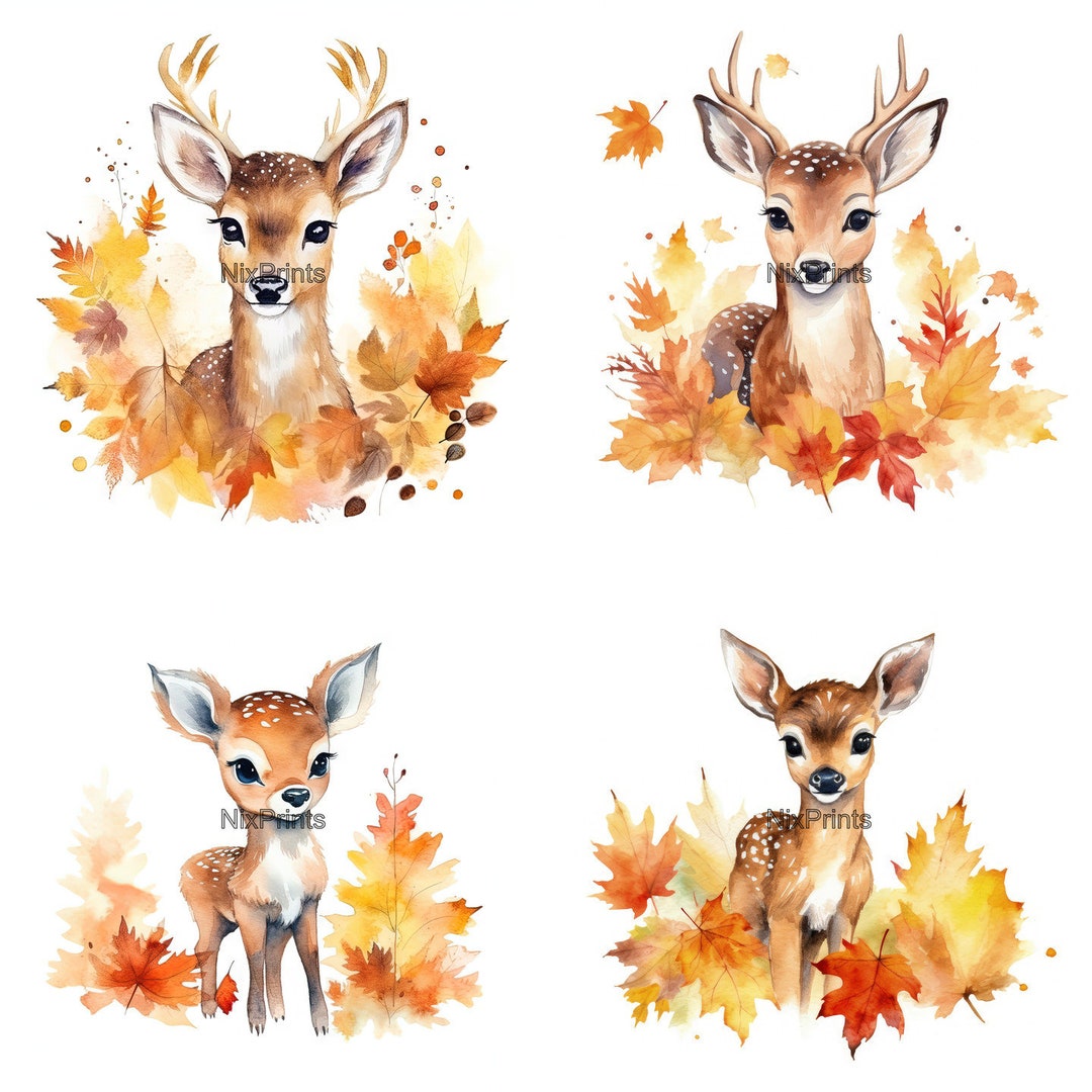 Cute Deer Fall Foliage Fall Season Watercolor Clipart, Digital Sticker ...