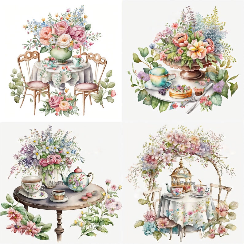 Spring Clipart Spring Tea Party Table Surrounded With - Etsy
