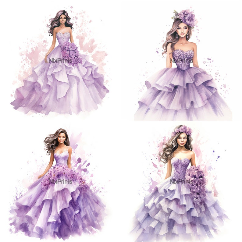 Cute Girl in Purple Lilac Quinceañera Dress Watercolor Clipart ...