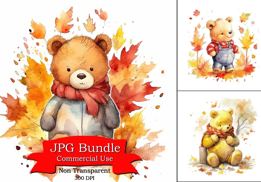 Pooh Fall Foliage Clipart, Teddy Bear Clipart, Digital Sticker for ...