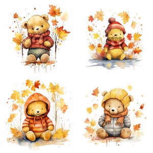 Pooh Fall Foliage Clipart, Teddy Bear Clipart, Digital Sticker for ...