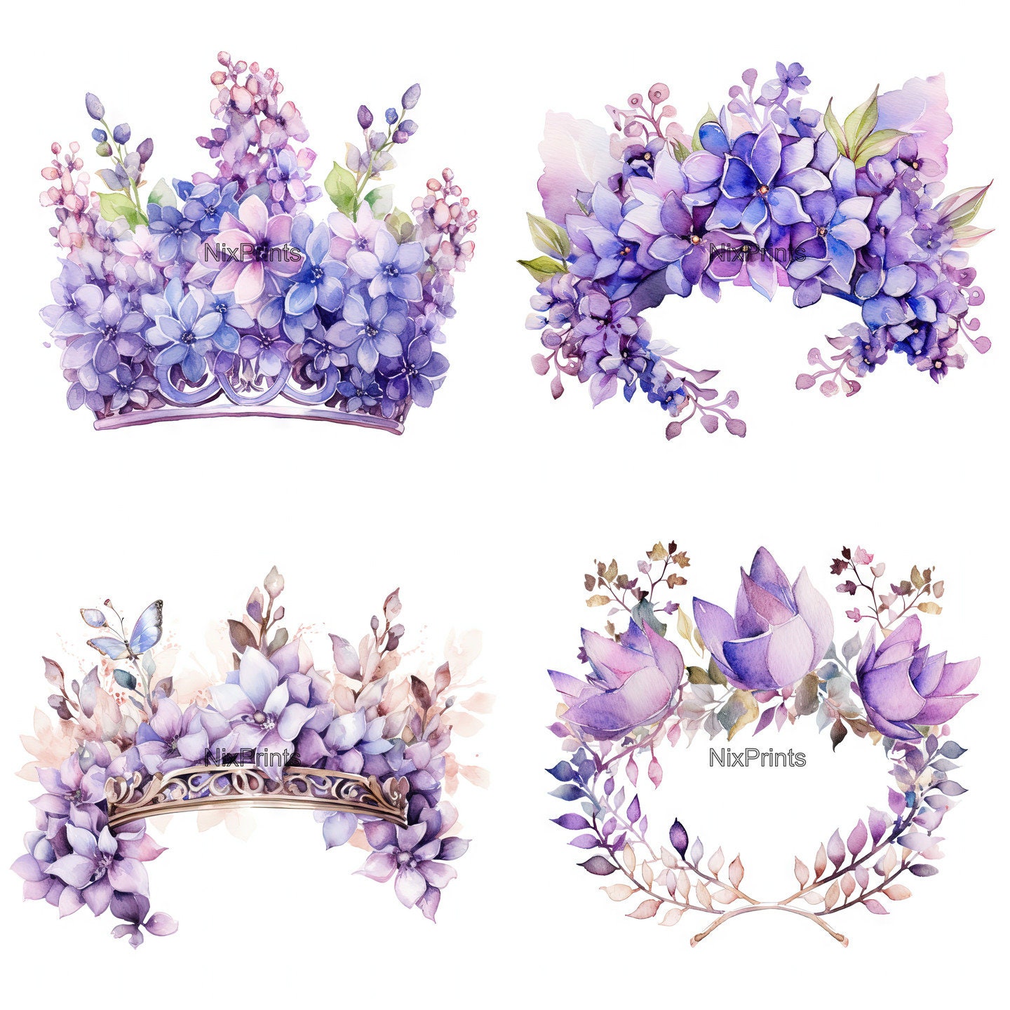 Lilac Crown Watercolor Digital Clipart Paper Crafting Digital - Etsy