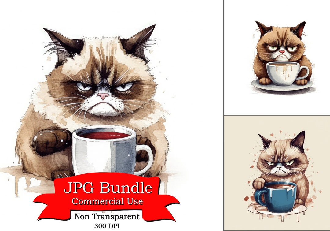 Grumpy Cat Clipart, Drinking Coffee Clipart, Art for Nursery, Picture for Bar Area, Digital ...
