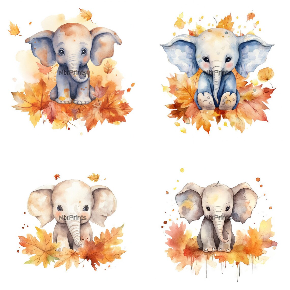 Cute Elephant Fall Foliage Fall Season Watercolor Clipart, Wall Art for ...