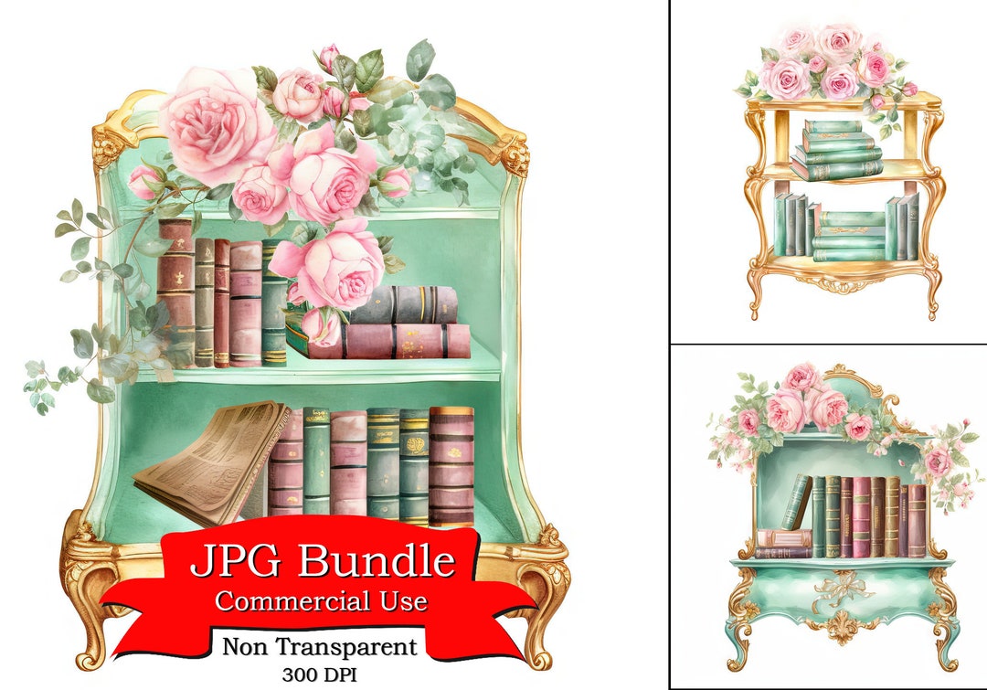 Bookcase Clipart, Mint Color Books on a Small Gold Bookcase With Pink ...