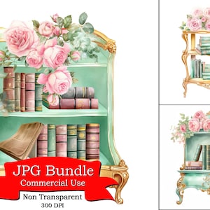 Bookcase Clipart, Mint Color Books on a Small Gold Bookcase With Pink ...