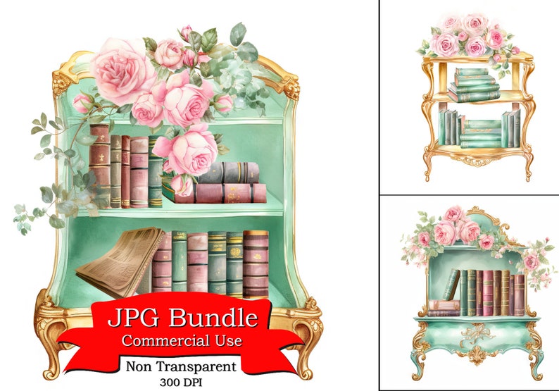 Bookcase Clipart, Mint Color Books on a Small Gold Bookcase With Pink ...
