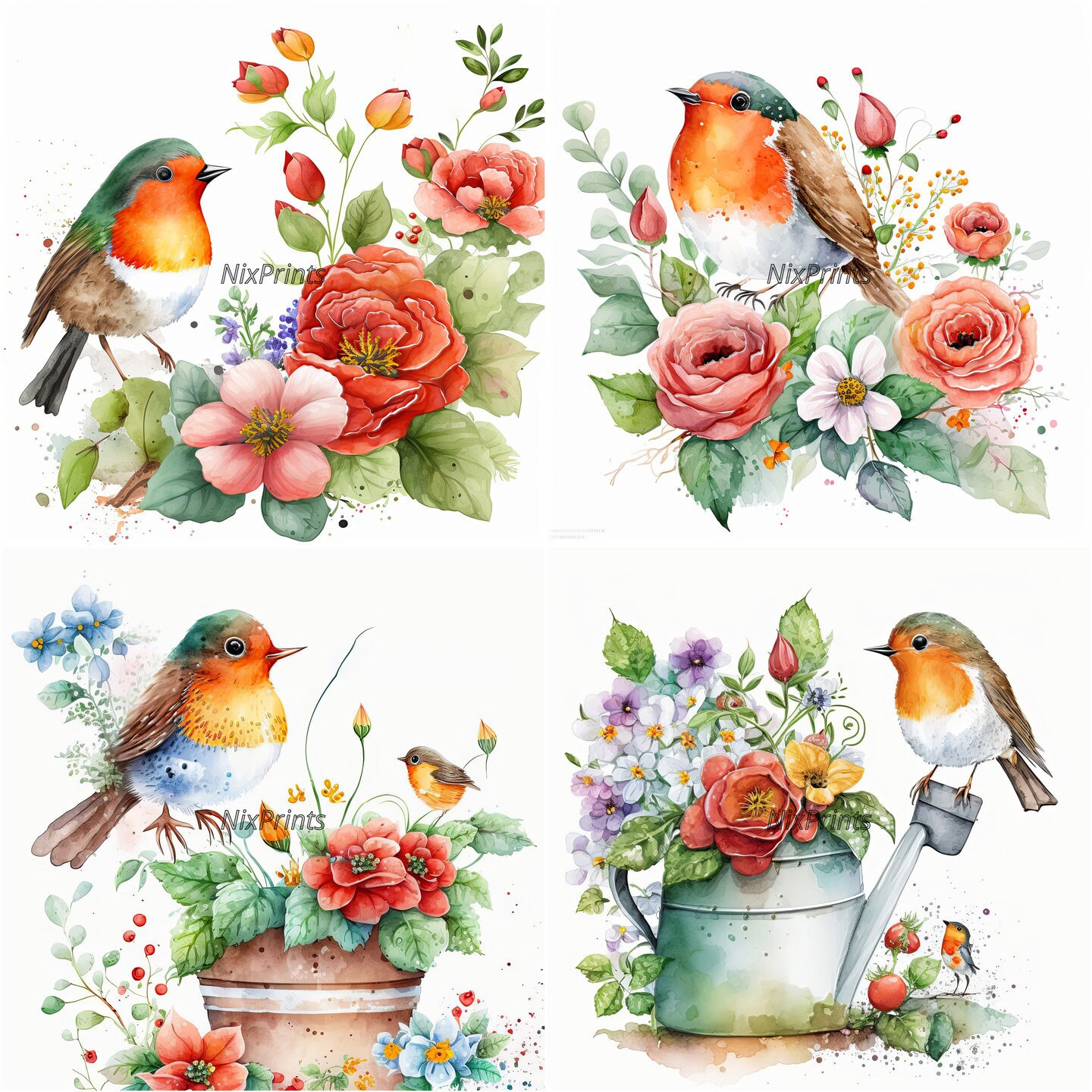 Robin Bird Clipart, Spring Flowers Gardening Theme, Digital Downloads ...
