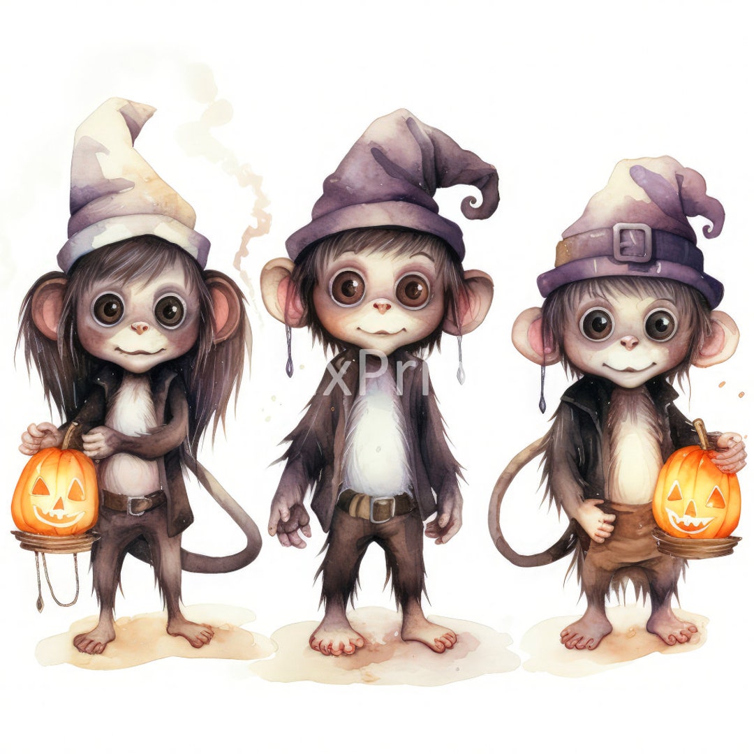 Cute Monkey Clipart, Spooky Halloween Costume, Ghost, Witch, and Zombie ...