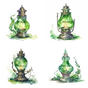 Watercolor Green Magical Oil Lamp Clipart White Background, Digital ...