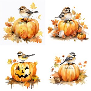 Cute Sparrow Pumpkin Patch Watercolor Clipart, Halloween, Print for Sublimation, Digital Sticker ...